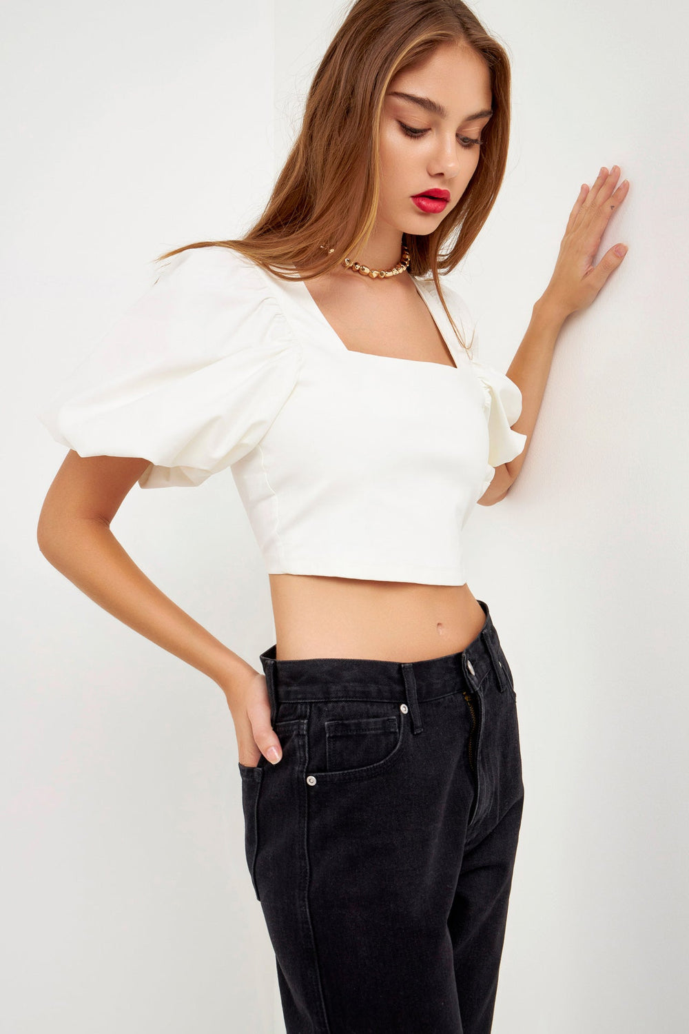 Square neckline Puff Sleeve Stretch Fabric Top